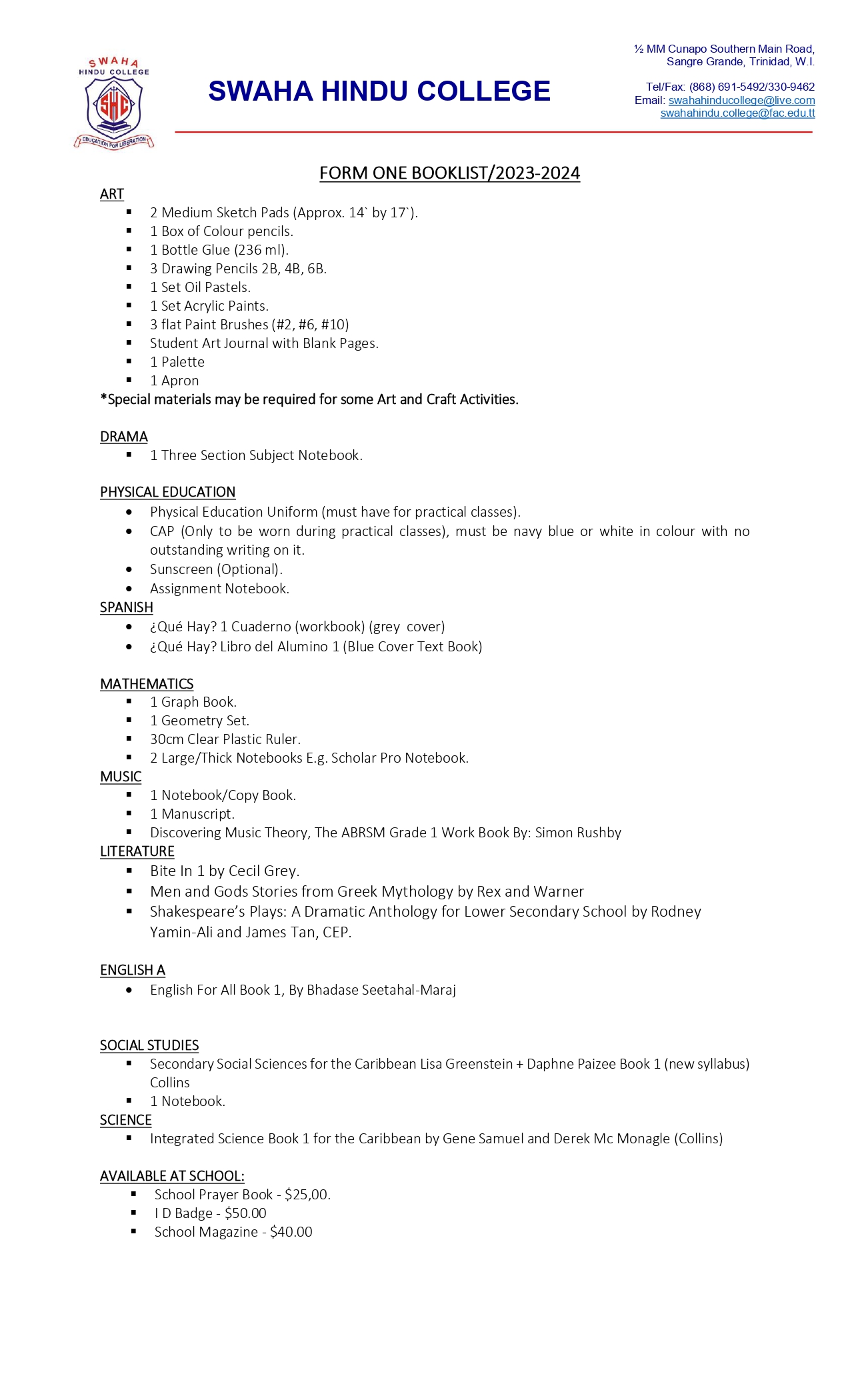 Form 1 Booklist – shc.edu.tt